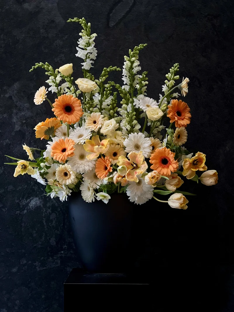 White snapdragons, white & peach large gerbera, light peach mini ...
